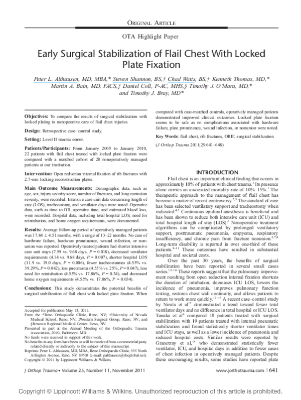 (PDF) Early Surgical Stabilization of Flail Chest With Locked Plate ...