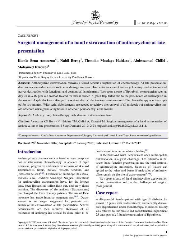 (PDF) Surgical management of a hand extravasation of anthracycline at ...