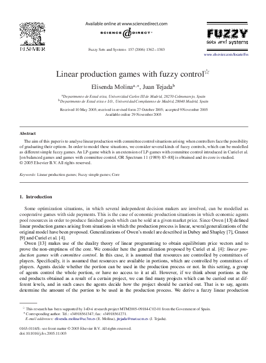 (PDF) Linear production games with fuzzy control | Juan Tejada - Academia.edu