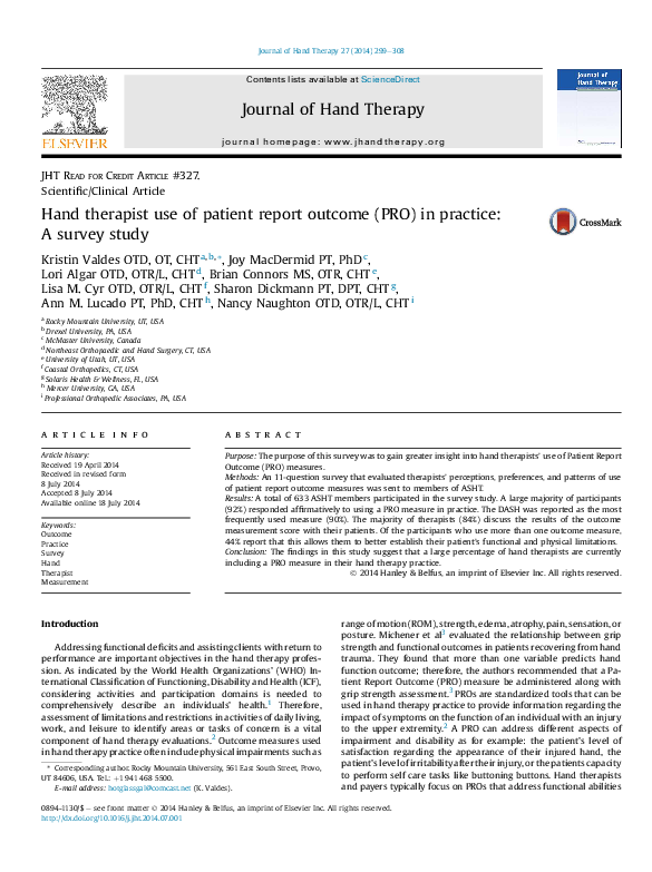 (PDF) Hand therapist use of patient report outcome (PRO) in practice: A ...