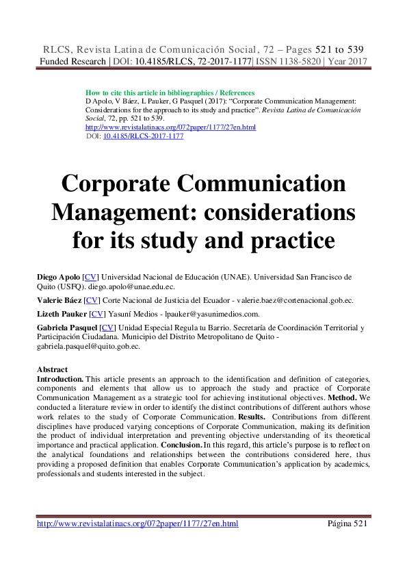 (PDF) Corporate Communication Management: considerations for its study and practice