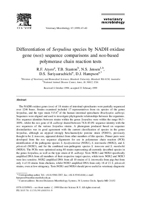 (PDF) Differentiation of Serpulina species by NADH oxidase gene (nox ...