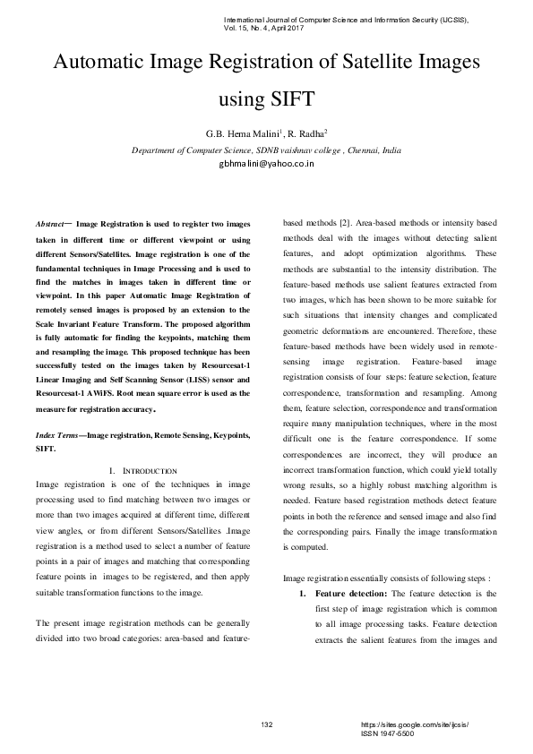 (PDF) Automatic Image Registration of Satellite Images using SIFT