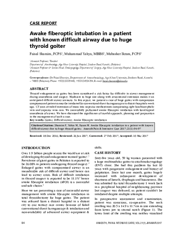 (PDF) Awake fiberoptic intubation in a patient with known difficult ...