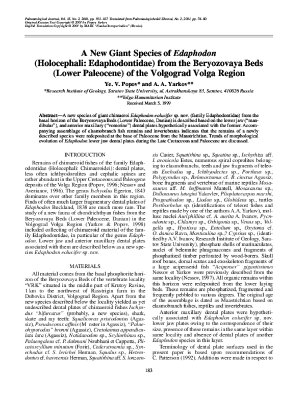 (PDF) A new giant species of Edaphodon (Holocephali: Edaphodontidae ...