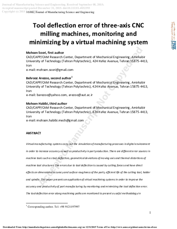 Pdf Tool Deflection Error Of Three Axis Cnc Milling Machines Monitoring And Minimizing By A