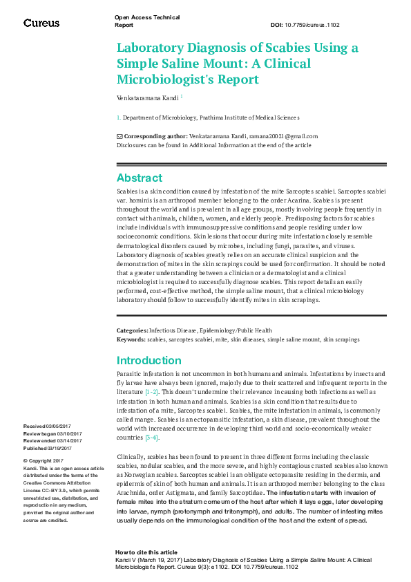 (PDF) Laboratory Diagnosis of Scabies Using a Simple Saline Mount: A ...