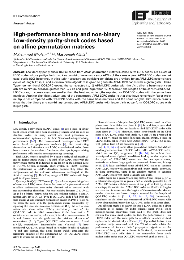 Pdf High Performance Binary And Non Binary Low Density Parity Check Codes Based On Affine 
