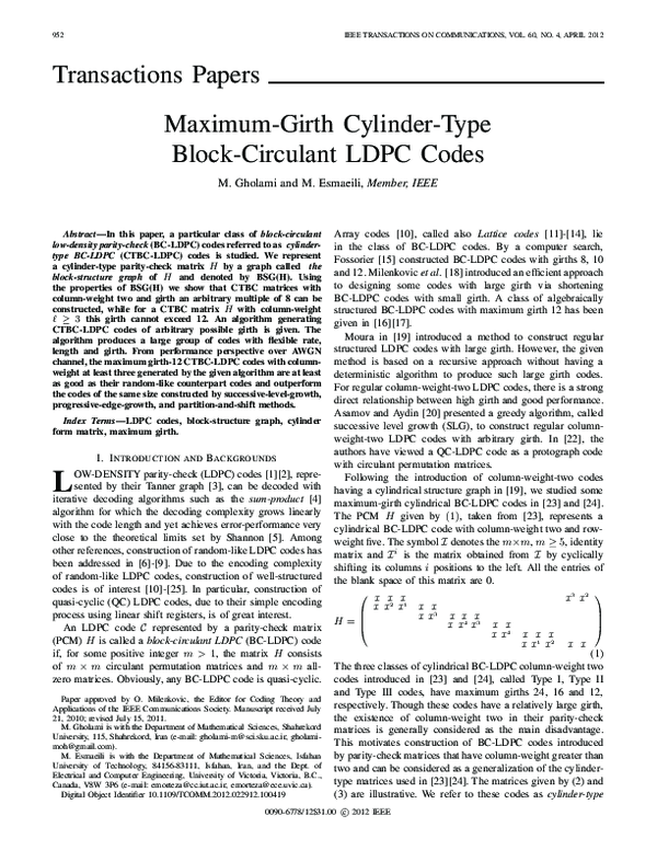 Pdf Maximum Girth Cylinder Type Block Circulant Ldpc Codes