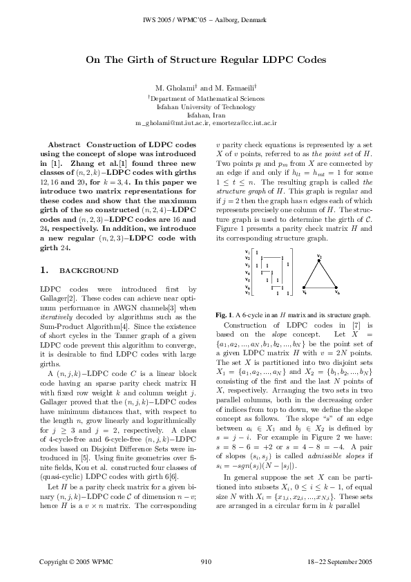 Pdf On The Girth Of Structure Regular Ldpc Codes Mohammad Gholami 
