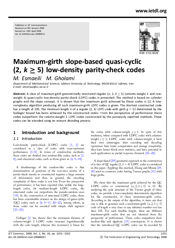 (PDF) Maximum-girth slope-based quasi-cyclic (2, k ! 5) low-density parity-check codes