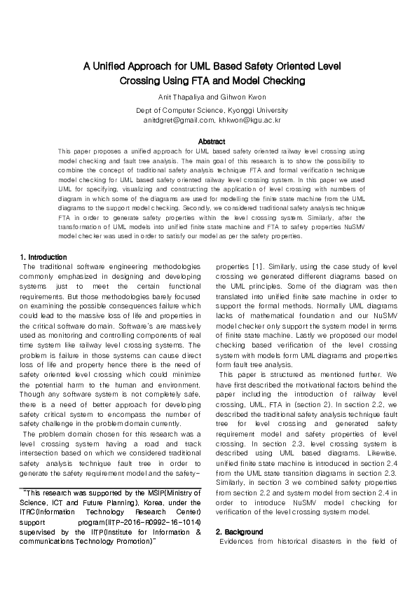 Pdf A Unified Approach For Uml Based Safety Oriented Level Crossing Using Fta And Model Checking 