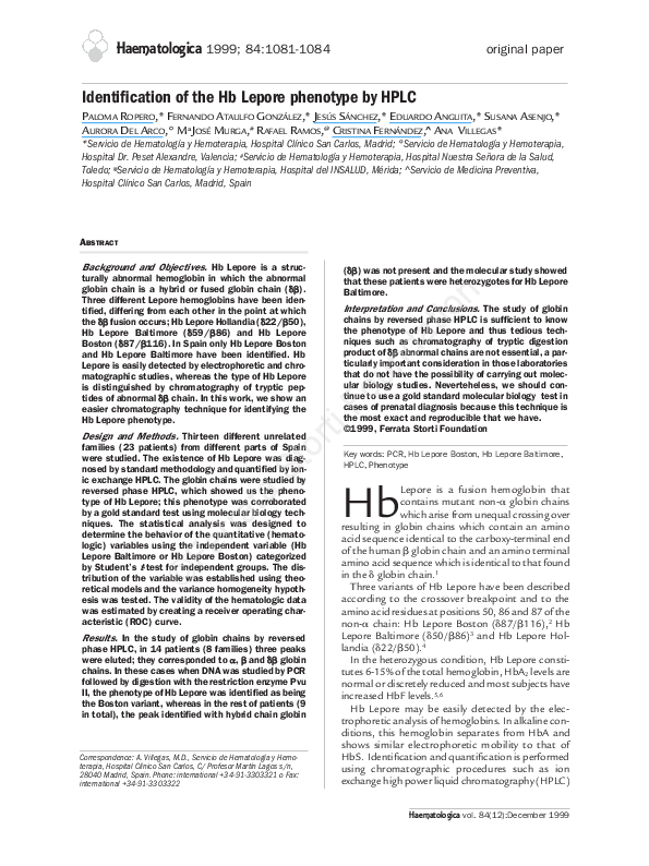 (PDF) Identification of the Hb Lepore phenotype by HPLC