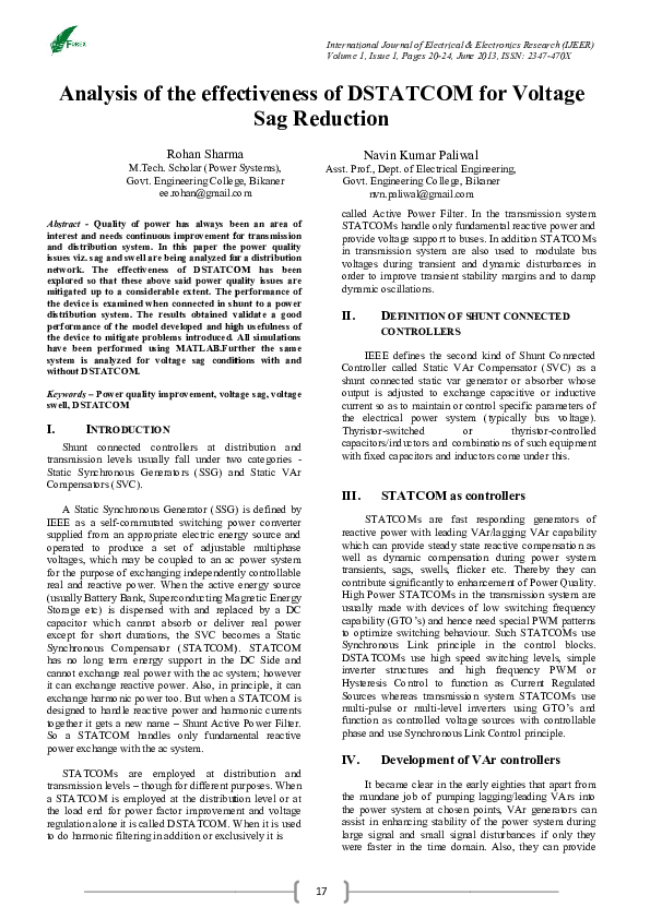 Pdf Analysis Of The Effectiveness Of Dstatcom For Voltage Sag Reduction