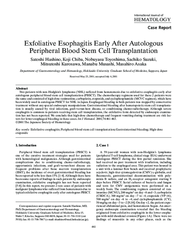 (PDF) Exfoliative Esophagitis Early After Autologous Peripheral Blood Stem Cell Transplantation