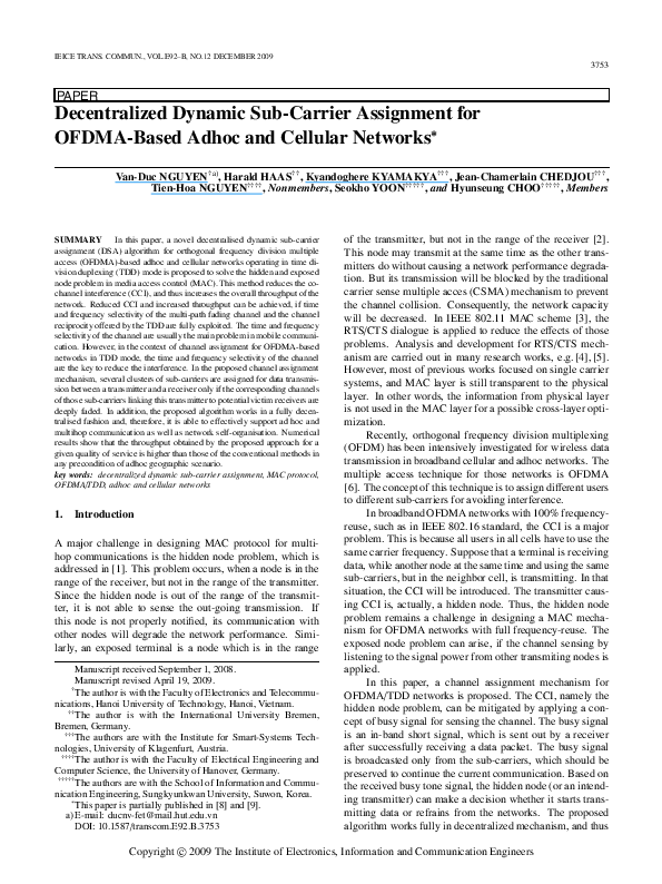 Pdf Decentralized Dynamic Sub Carrier Assignment For Ofdma Based Adhoc And Cellular Networks