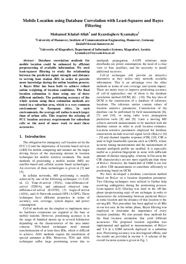 (PDF) Mobile Location using Database Correlation with Least-Squares and Bayes Filtering