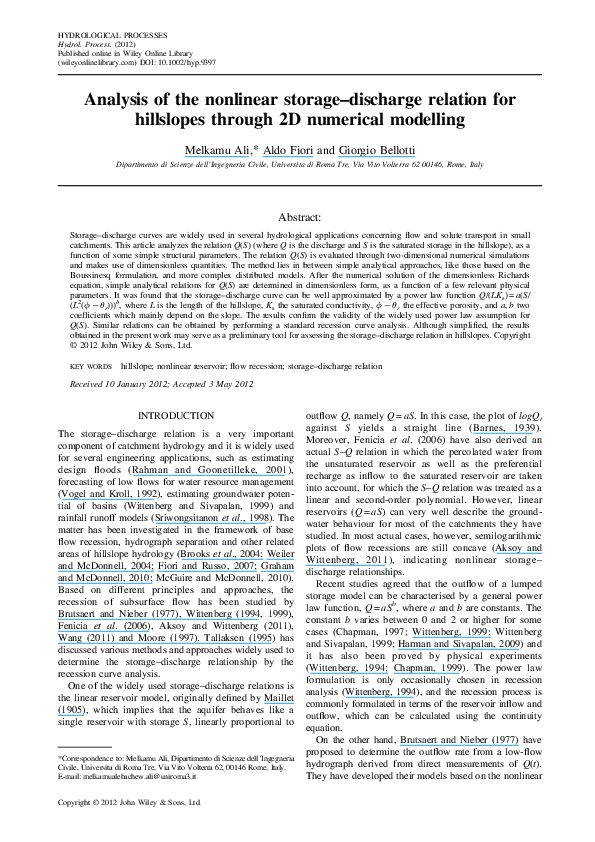 (PDF) Analysis of the nonlinear storage-discharge relation for hillslopes through 2D numerical ...