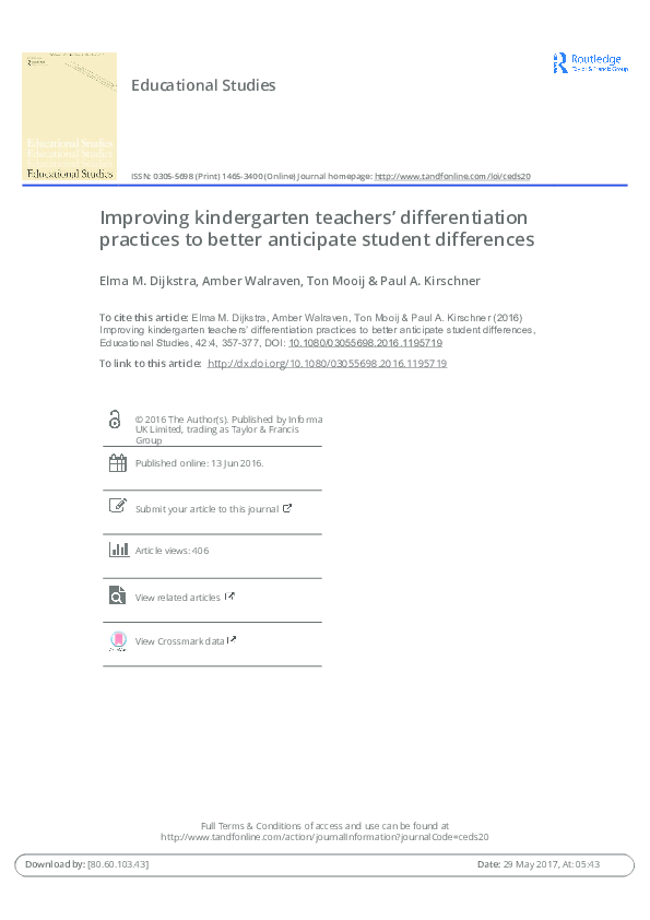 (PDF) Dijkstra, E.M., Walraven, A., Mooij, T., & Kirschner, P.A. (2016). Improving kindergarten ...