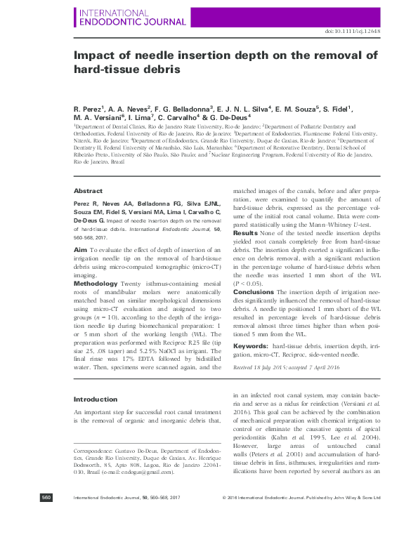(PDF) Impact of needle insertion depth on the removal of hard-tissue debris