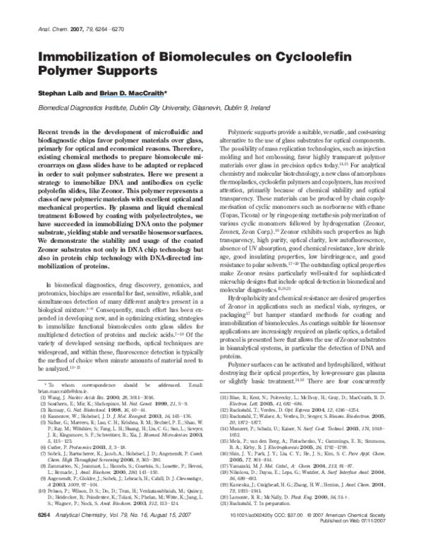 (PDF) Immobilization of Biomolecules on Cycloolefin Polymer Supports