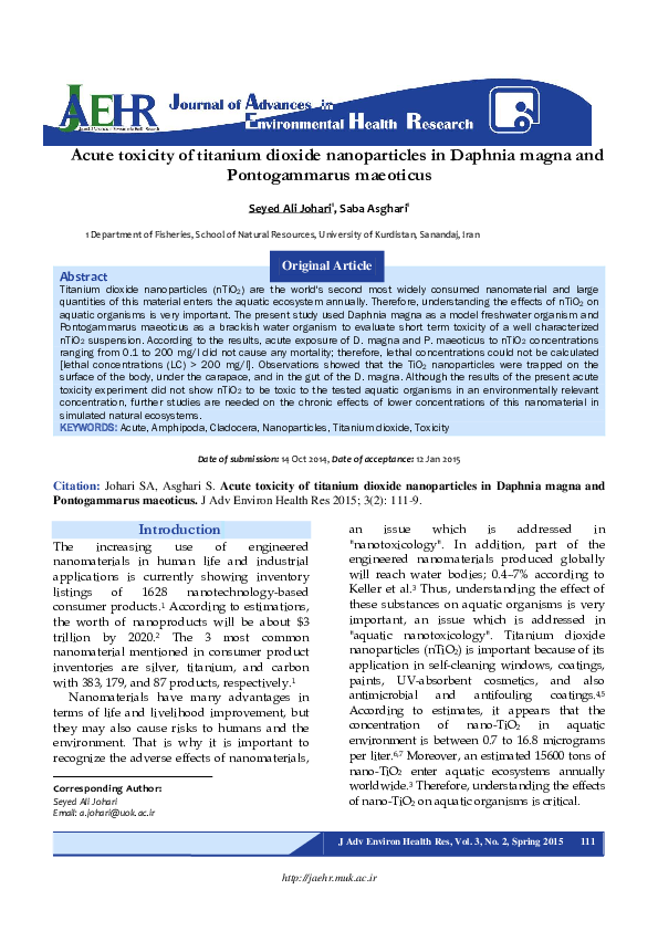 (PDF) Acute toxicity of titanium dioxide nanoparticles in Daphnia magna ...