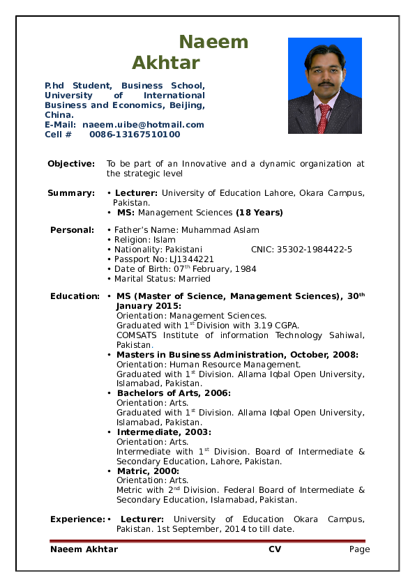 (DOC) Naeem Resume 1 | Habib Gul - Academia.edu