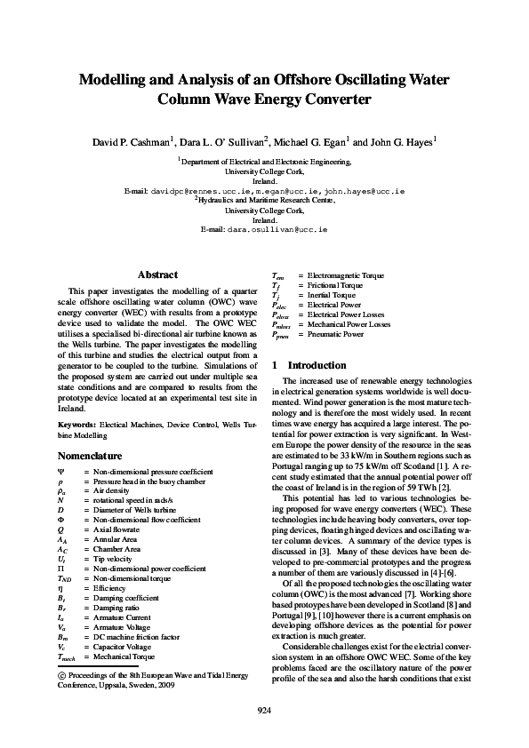 (PDF) Modelling and Analysis of an Offshore Oscillating Water Column Wave Energy Converter