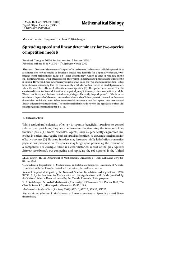 (PDF) Mathematical Biology | Mark A . Lewis - Academia.edu