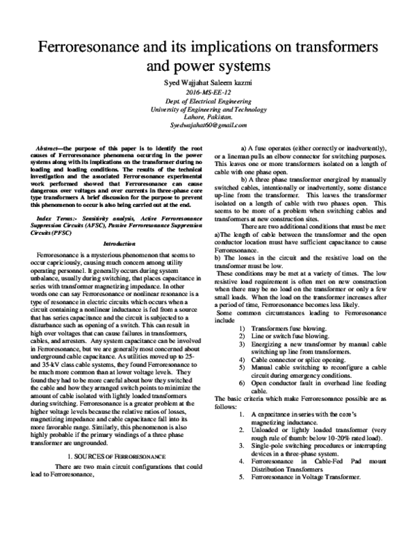 (PDF) Ferroresonance and its implications on transformers and power systems