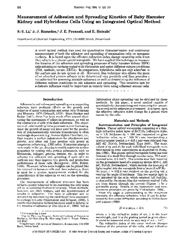 (PDF) Measurement of Adhesion and Spreading Kinetics of Baby Hamster Kidney and Hybridoma Cells ...