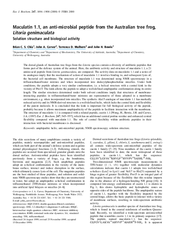 (PDF) Maculatin 1.1, an anti-microbial peptide from the Australian tree ...