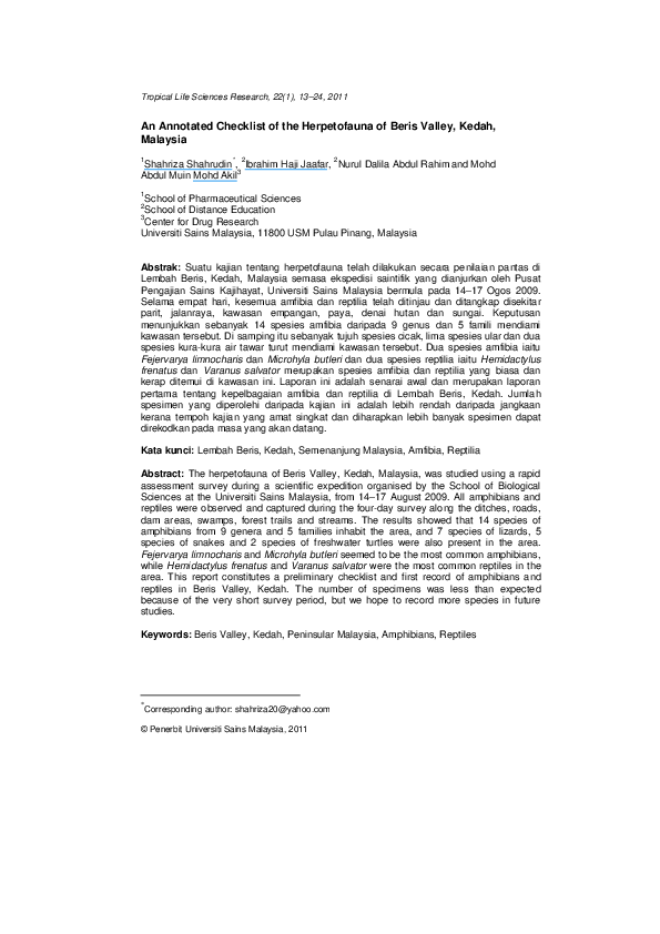 (PDF) An annotated checklist of the herpetofauna of beris valley, kedah, malaysia