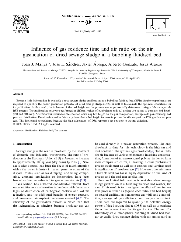 (PDF) Influence of gas residence time and air ratio on the air ...