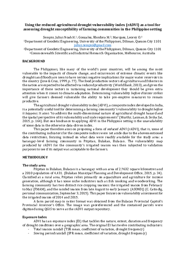 Pdf Using The Reduced Agricultural Drought Vulnerability Index Radvi As A Tool For Assessing