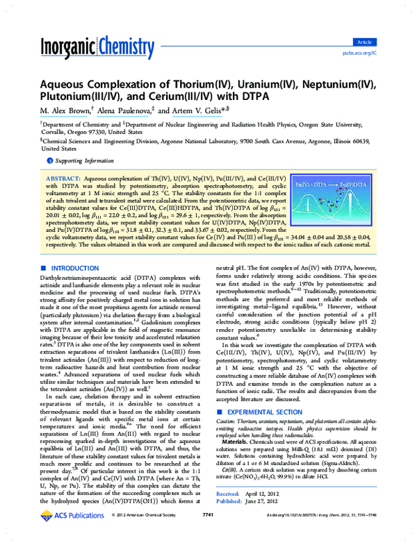 (PDF) Aqueous Complexation of Thorium(IV), Uranium(IV), Neptunium(IV ...
