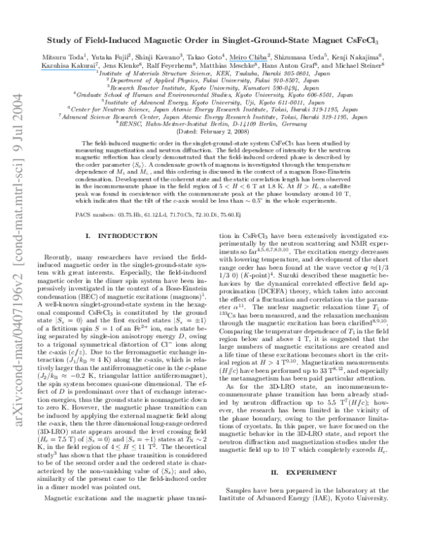 (PDF) Field-induced magnetic order in the singlet-ground-state magnet CsFeCl3