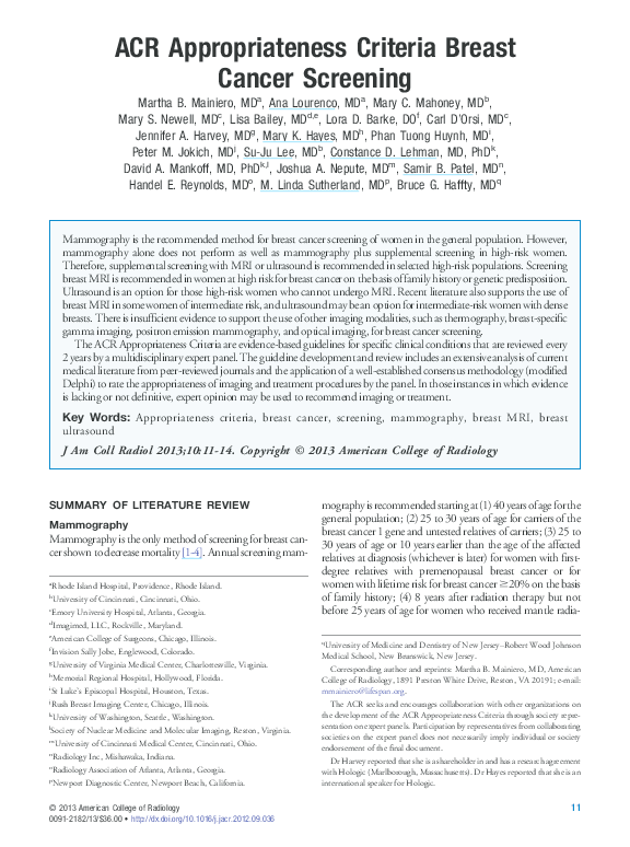 (PDF) ACR Appropriateness Criteria Breast Cancer Screening