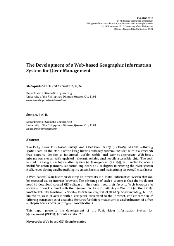 (PDF) The Development of a Web-based Geographic Information System for River Management