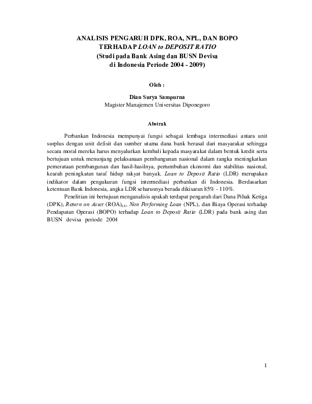 (PDF) ANALISIS PENGARUH DPK, ROA, NPL, DAN BOPO TERHADAP LOAN to DEPOSIT RATIO