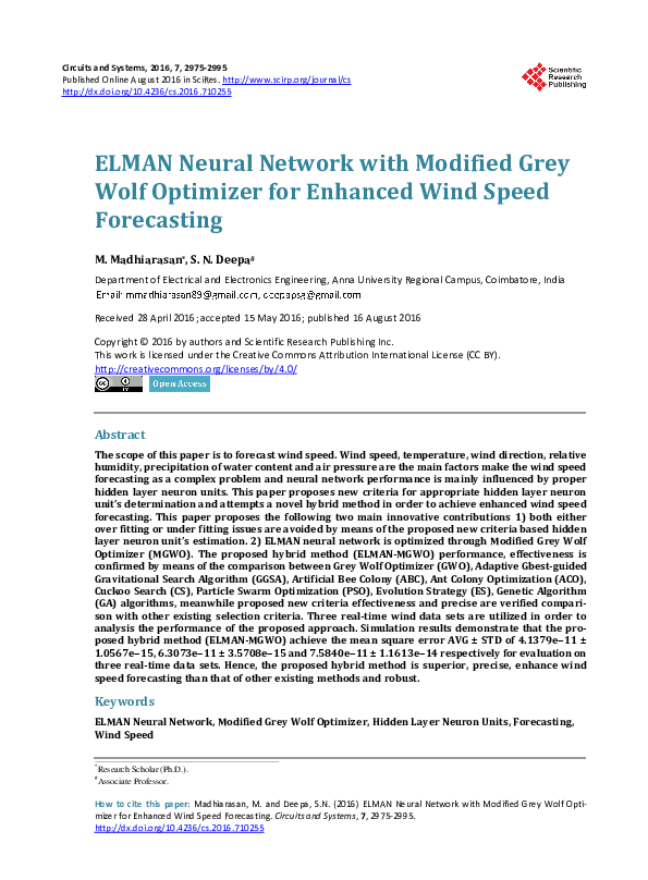 (PDF) ELMAN Neural Network with Modified Grey Wolf Optimizer for Enhanced Wind Speed Forecasting