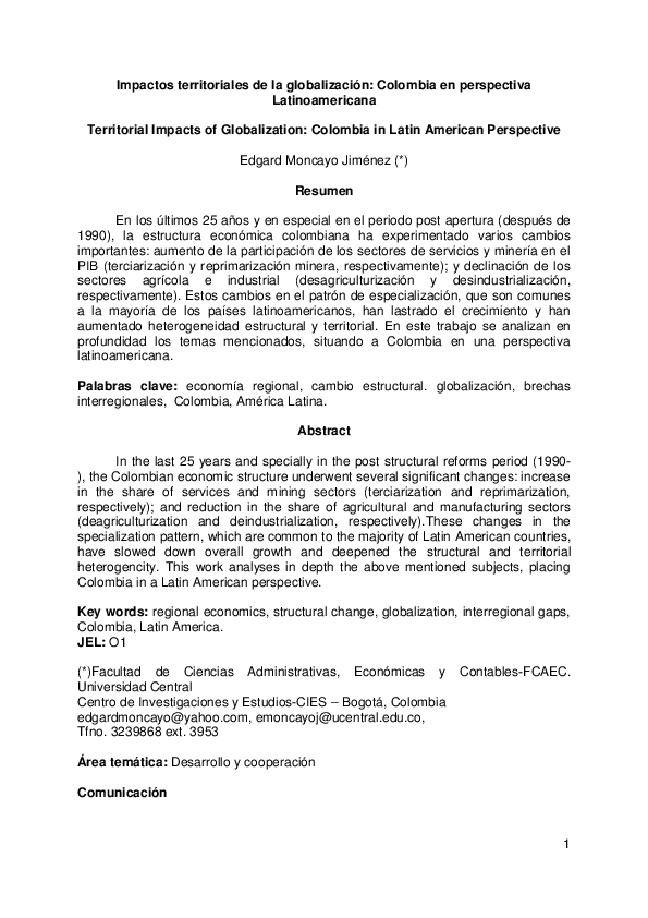 (PDF) Impactos territoriales de la globalización: Colombia en ...