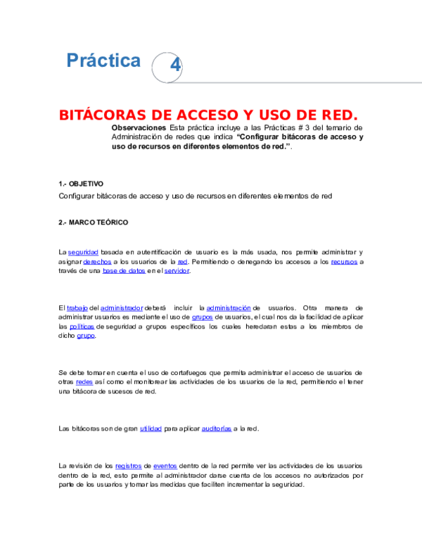 (DOC) Práctica 4 : BITÁCORAS DE ACCESO Y USO DE RED