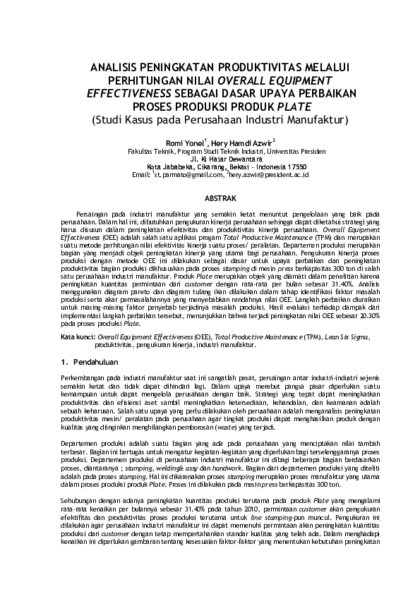 (PDF) ANALISIS PENINGKATAN PRODUKTIVITAS MELALUI PERHITUNGAN NILAI OVERALL EQUIPMENT ...