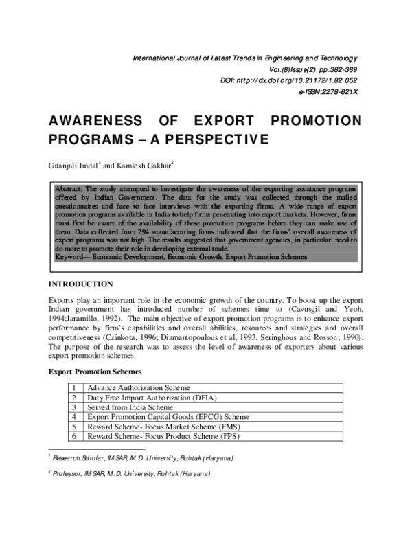 (PDF) AWARENESS OF EXPORT PROMOTION PROGRAMS – A PERSPECTIVE