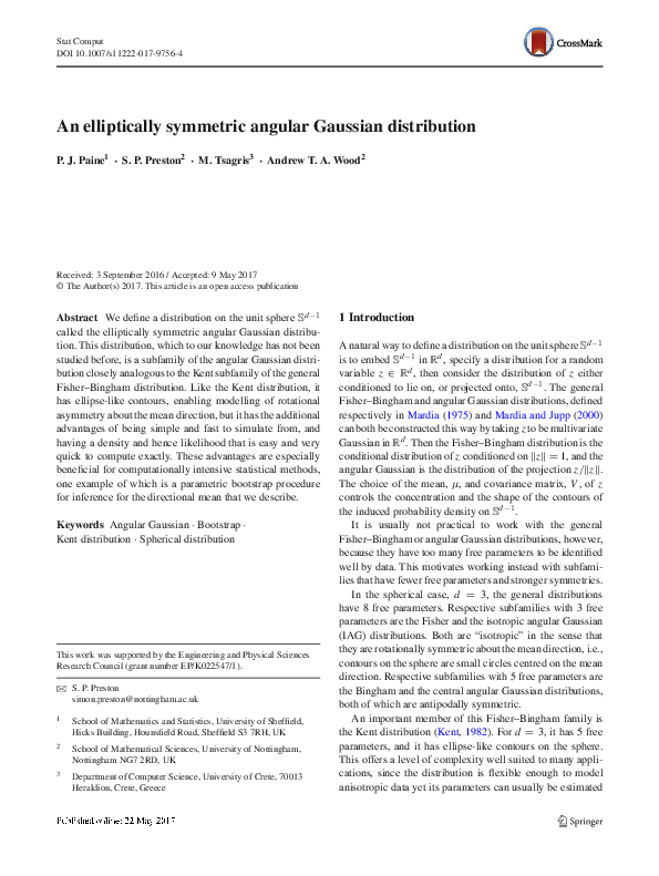 Pdf An Elliptically Symmetric Angular Gaussian Distribution