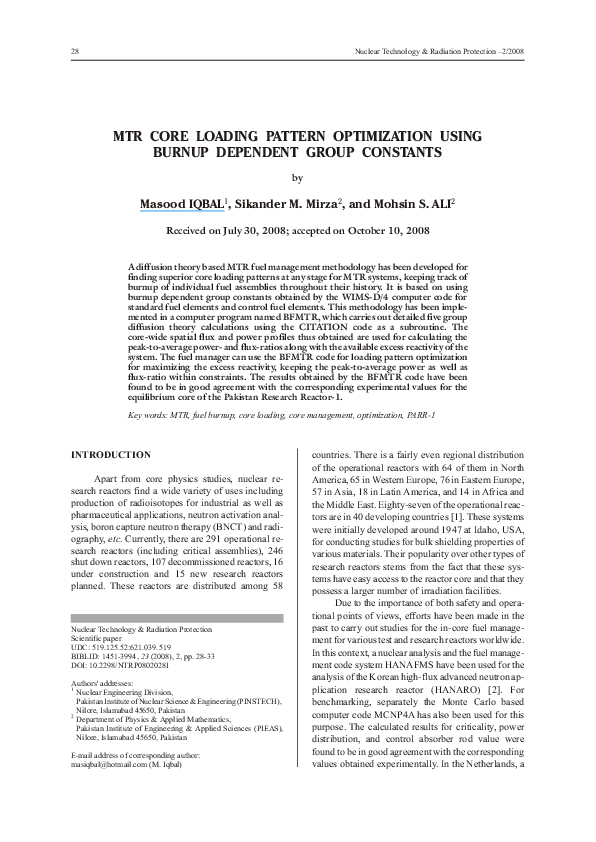 Pdf Mtr Core Loading Pattern Optimization Using Group Dependent Group Constants” Nuclear 5299