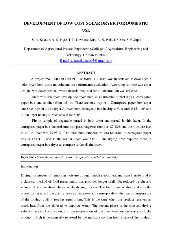 (DOC) DEVELOPMENT OF LOW COST SOLAR DRYER FOR DOMESTIC USE