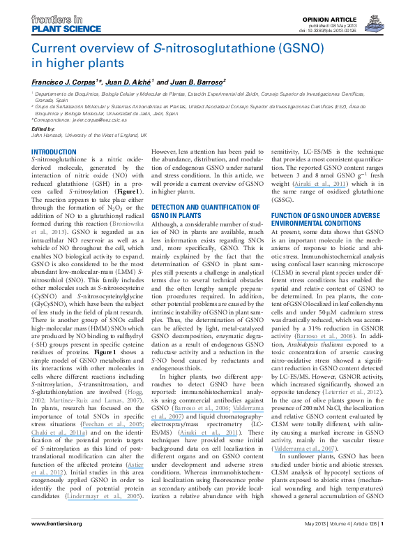 (PDF) Current overview of S-nitrosoglutathione (GSNO) in higher plants