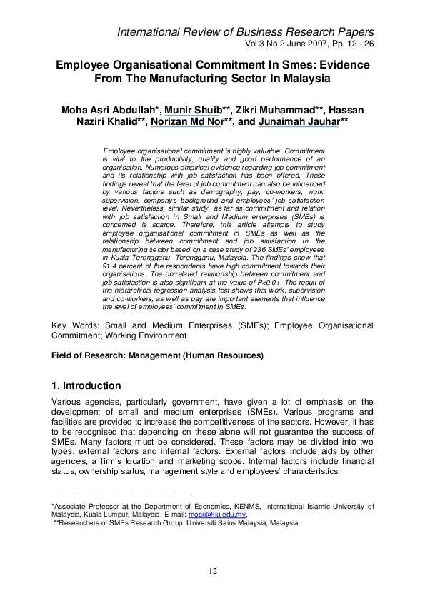 (PDF) Employee Organisational Commitment In Smes: Evidence From The ...